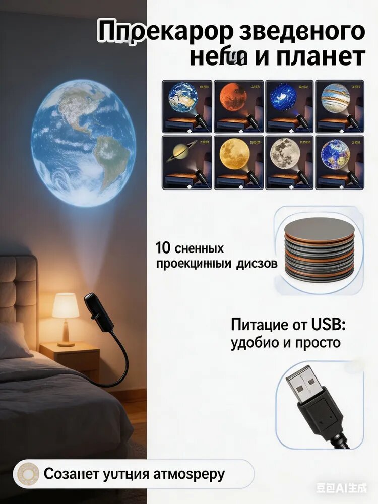 Проектор звездного неба и планет на стену, ночник светодиодный USB с 10 сменными картриджами, лампа для создания атмосферы космоса, декор для комнаты и подарок детям