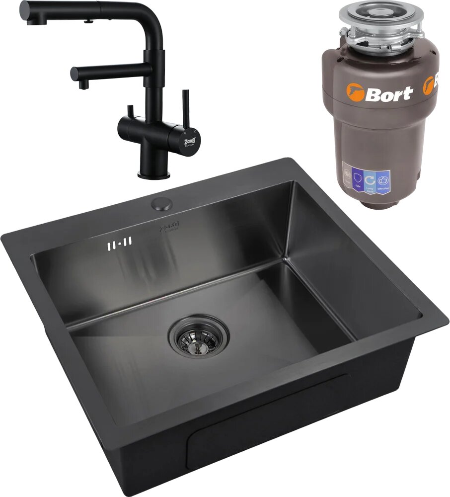 Комплект Мойка Zorg Inox PVD 5951 59x51, grafit, нержавеющая сталь / Смеситель Sanitary SZR-3216 Grafit с выдвижным изливом, графит, графит / Измельчитель Bort Titan Max Power электрический, нержавеющ