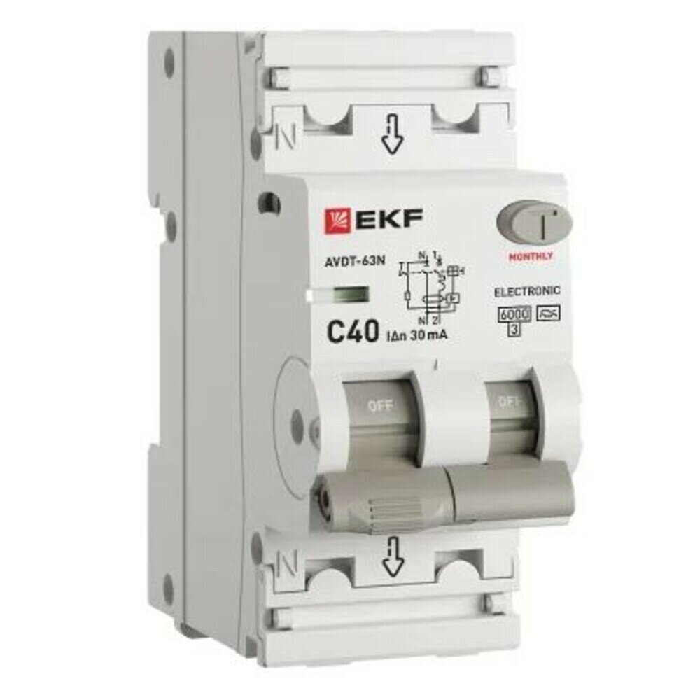 Автомат дифференциальный EKF PROxima АВДТ-63N 40А 1P+N тип A 30 мА 6 кА (D63N26EA40C30)