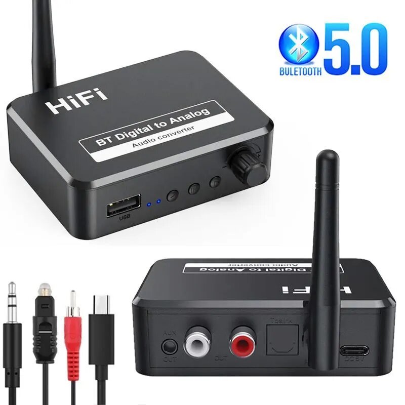Приемник Bluetooth 5.1, цифро-аналоговый аудиоконвертер U Disk, оптическое волокно Spdif до 3,5 мм, автомобильный комплект усилителя AUX 2 RCA, динамик