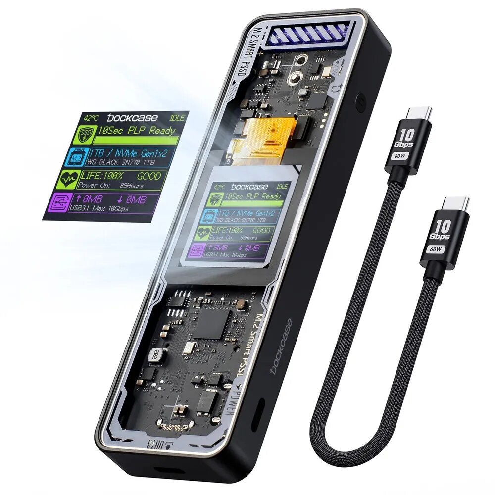 Корпус SSD-накопителя DOCKCASE Explorer Edition M.2 NVMe, USB 3.2 Gen 2 Type-C (10 Гбит/с), подходит для NVMe PCIe, размер 2230/2242/2260/2280, поддержка M-Key B + M-Key UASP