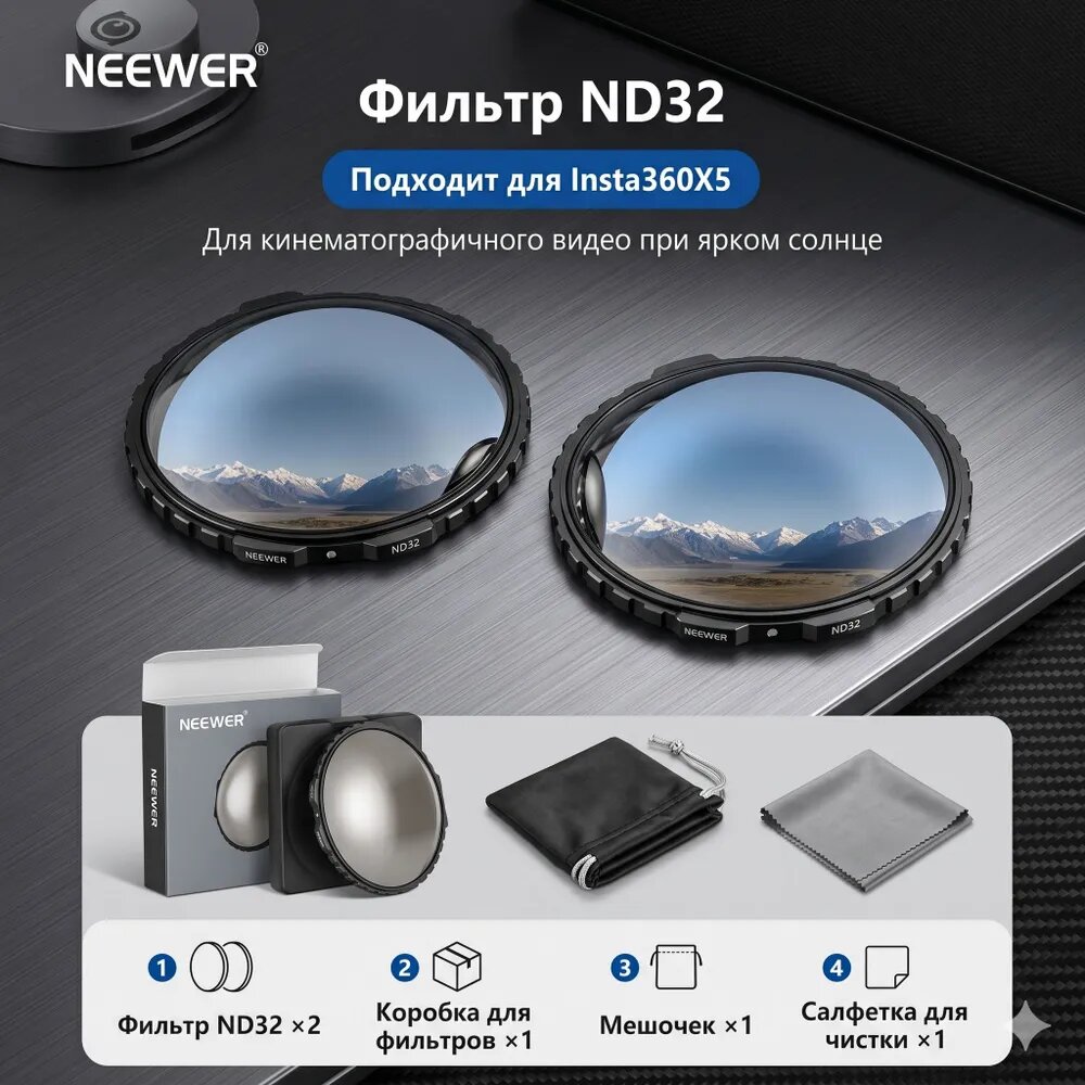 NEEWER Фильтр ND32 для Insta360 X5, 32 мм, Нейтральный (ND) светофильтр, черно-серый