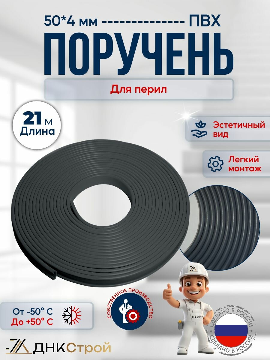 Поручень ПВХ для перил, ленточный поручень ПВХ 50х4мм, темно-серый, длина 21м.