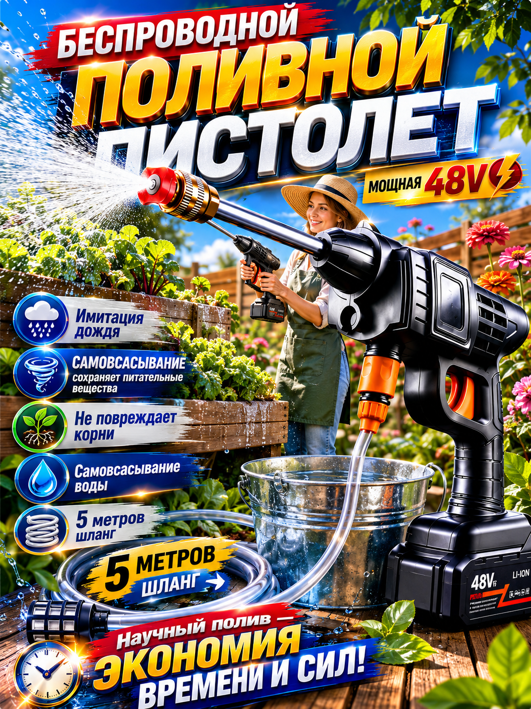 Насос аккумуляторный для полива из бочки, 48V