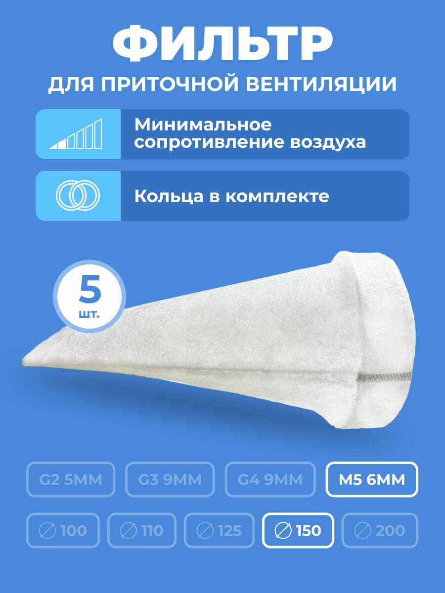 Фильтр канальный M5 150мм для приточной вентиляции в комплекте 5 штук, фильтр для бризера