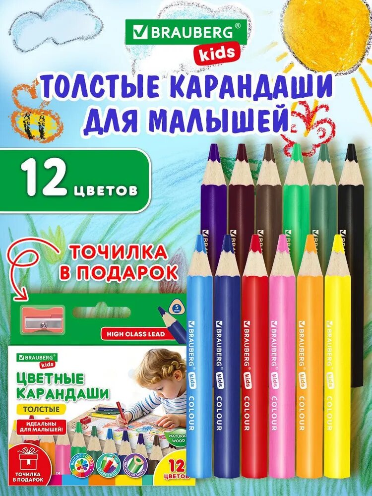 Карандаши цветные для рисования толстые для детей и малышей, набор 12 цветов, утолщенные, с точилкой, Brauberg Kids