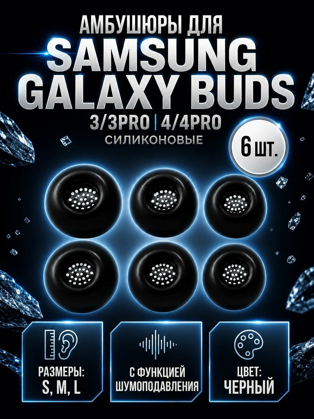 Амбушюры для наушников Samsung Galaxy Buds 3/3Pro / 4/4Pro силиконовые, 6 шт. /Размеры: S, M и L / Cменные насадки внутриканальные, белые