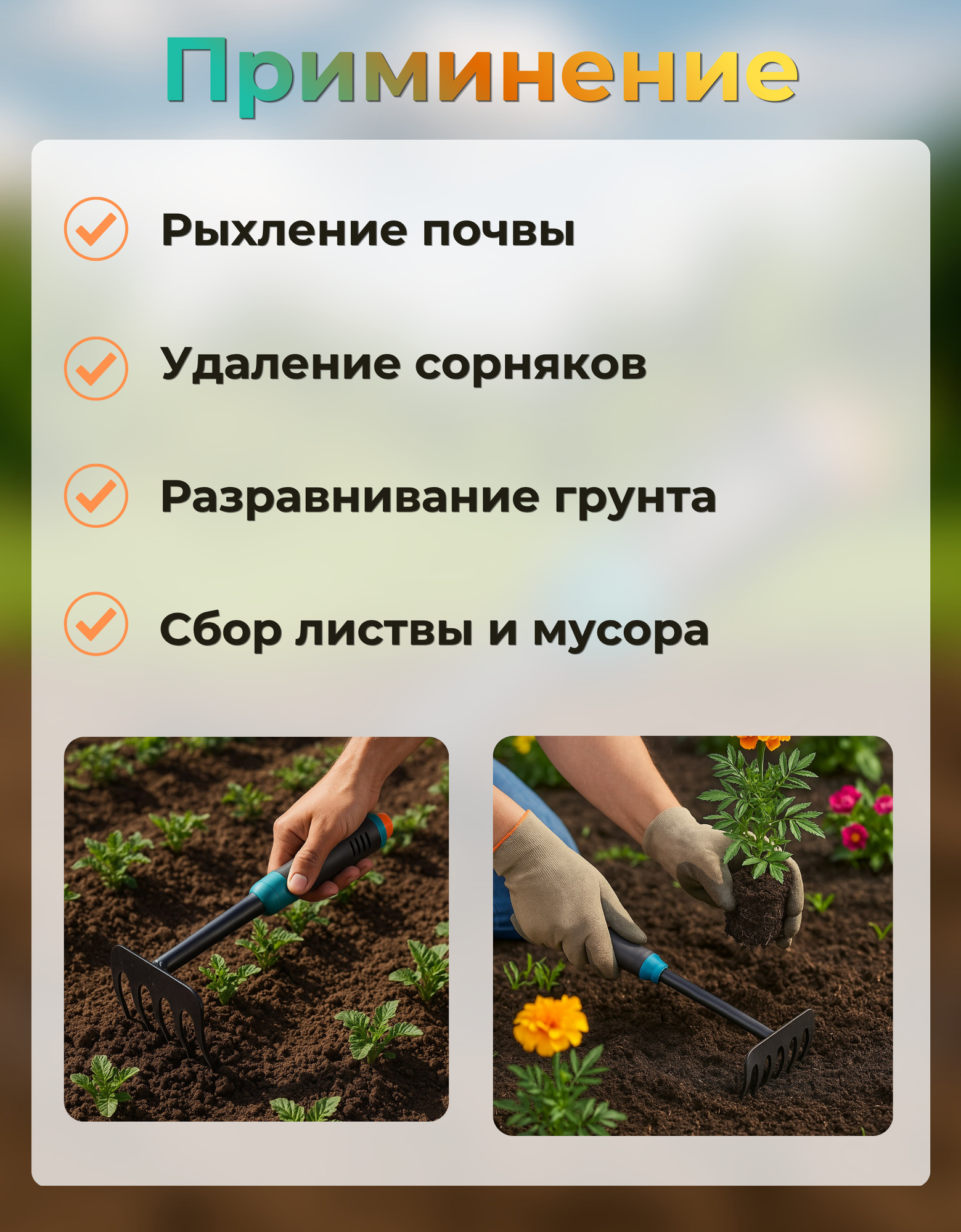 Мини- грабли для сада и огорода, длина 32см, металлические , черные — фото 1