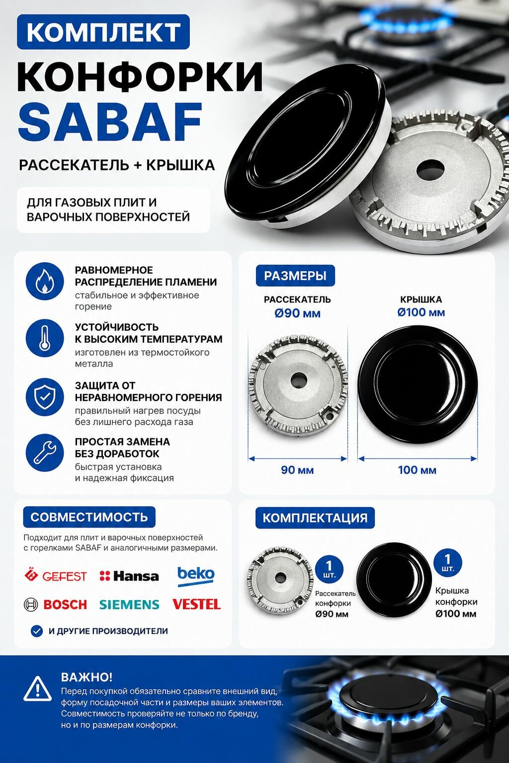 Рассекатель с крышкой газовой конфорки SABAF