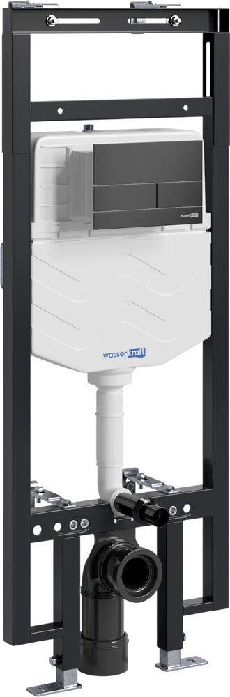 Инсталляция с кнопкой Wasserkraft Dinkel 58TLT.010. ME. MB04 50, 4 см, крепление к стене/к полу, с регулировкой по высоте, кнопка для унитаза черная, матовая, с шумоизоляцией