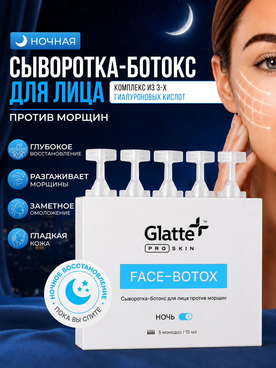 Сыворотка для лица Glatte антивозрастная ночная oт морщин, ботокс эффект, 15 мл
