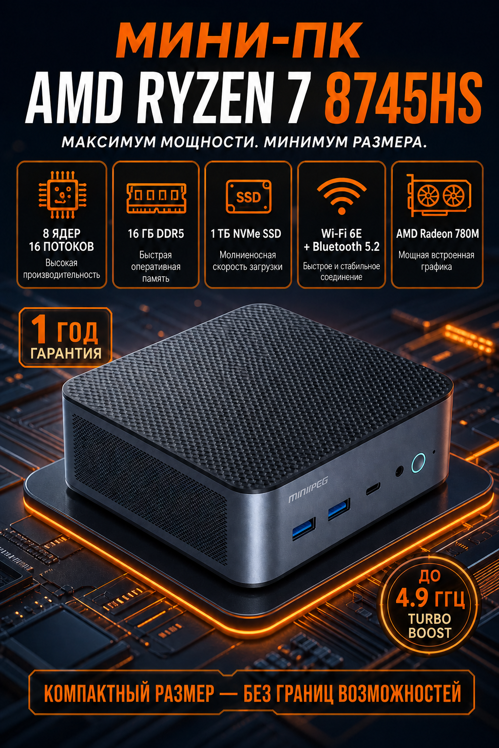 Мини-ПК AMD Ryzen 7 8745HS, Radeon 780M, 16 ГБ DDR5, SSD 1 ТБ NVMe, Wi‑Fi 6E, Windows 11 Pro