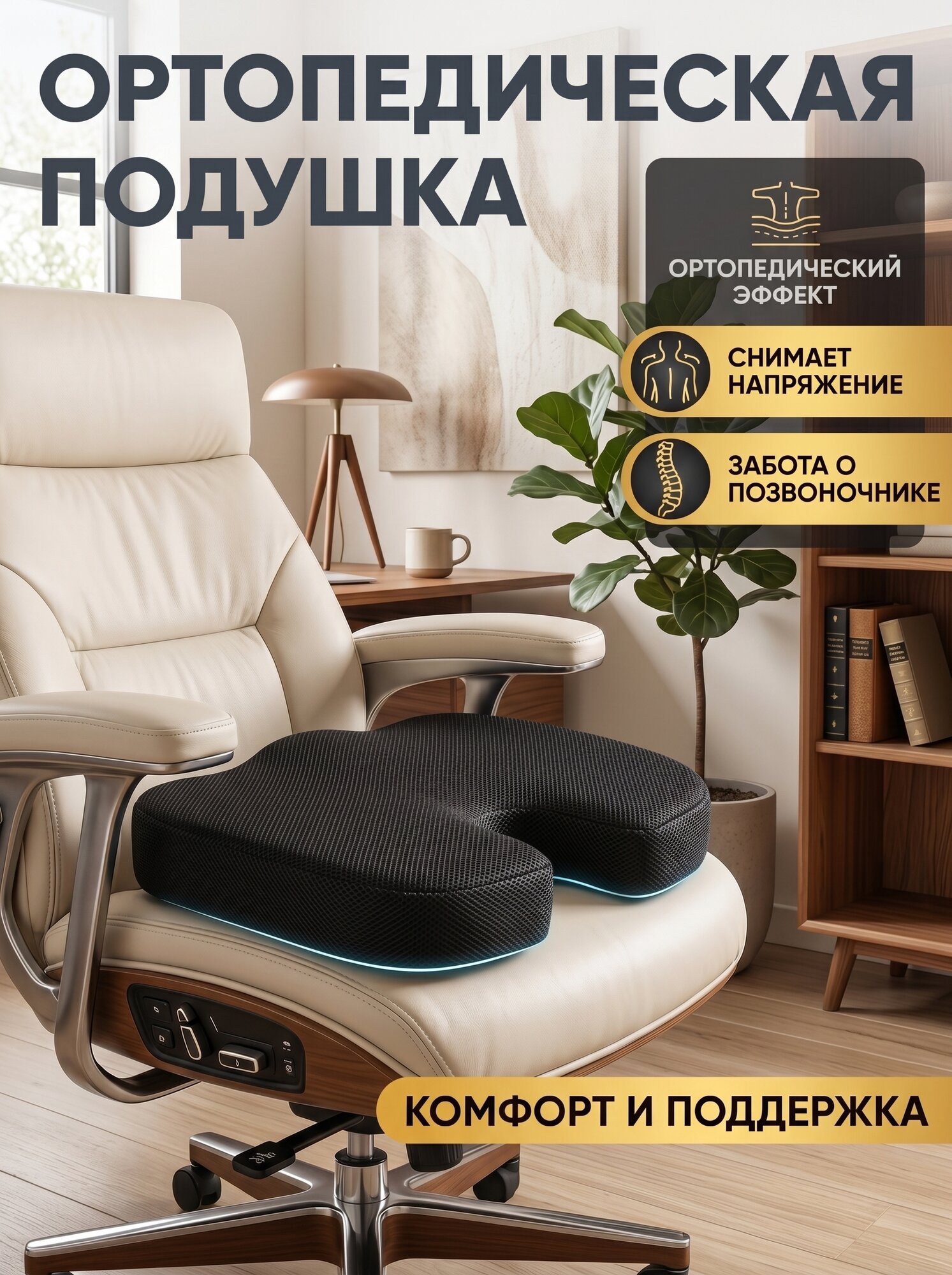 Подушка ортопедическая для сидения на стул в автомобиль с эффектом памяти