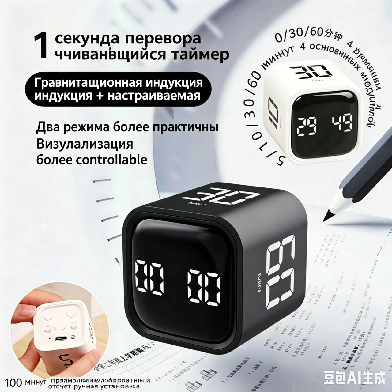 Таймер Pomodoro Cube, оснащённый предустановленными интервалами на 5, 10, 30 и 60 минут, предлагает эксклюзивные режимы настройки: вибрацию, высокую и низкую громкость. Секундомер обратного отсчёта применяется для повышения продуктивности, вращающаяся конс