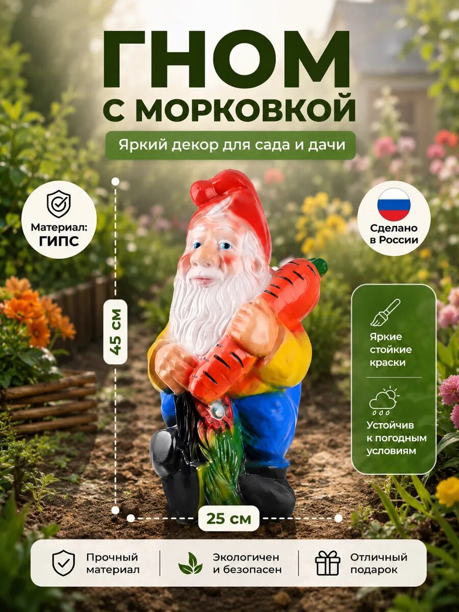 Садовая фигурка из гипса гном с морковкой
