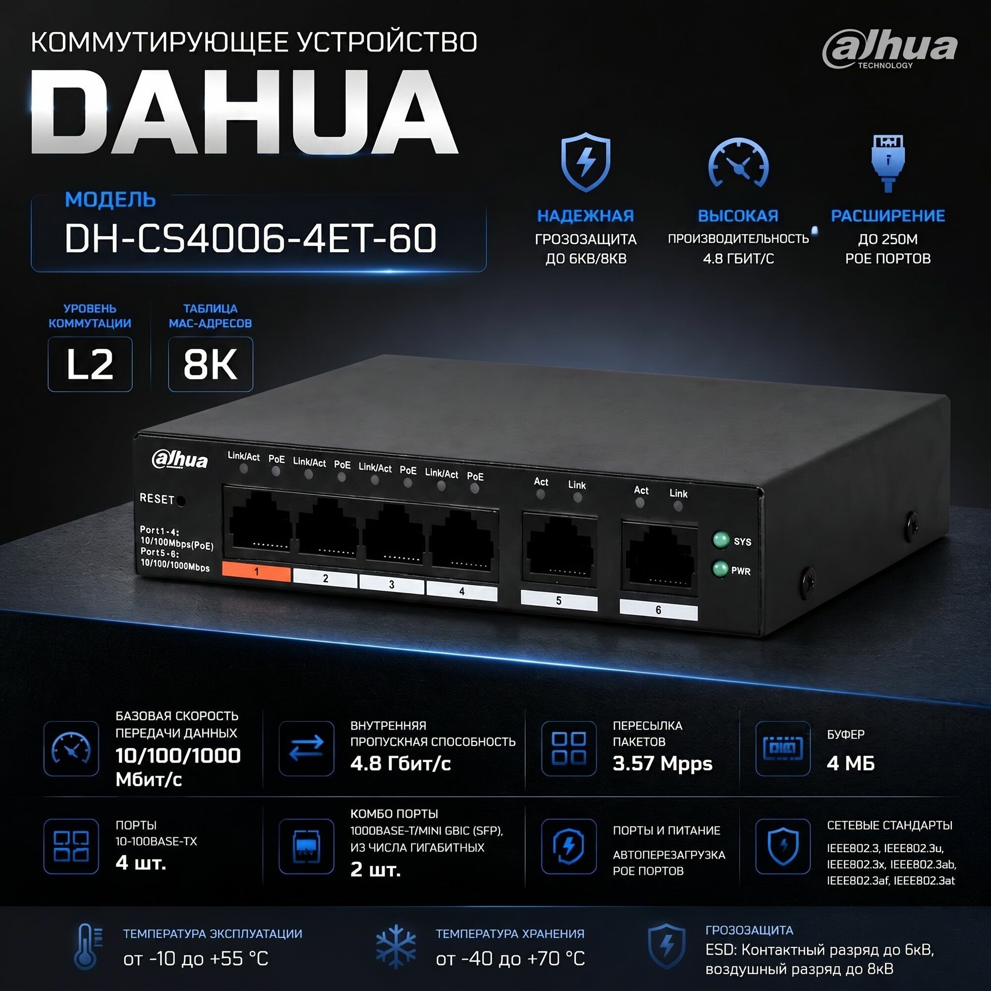 Коммутатор Dahua DH-CS4006-4ET2ET-60 4-портовый PoE коммутатор с функцией облачного управления