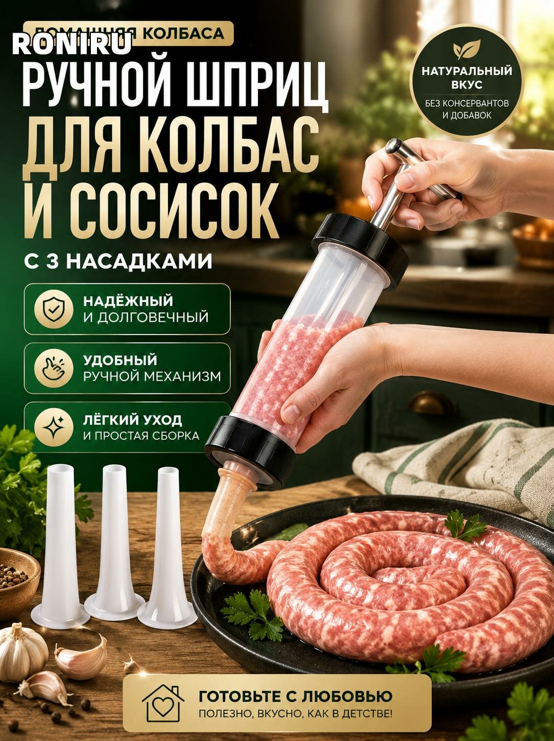 Ручной шприц для колбас и сосисок с 3 насадками — удобный инструмент для домашнего приготовления идеальных колбас