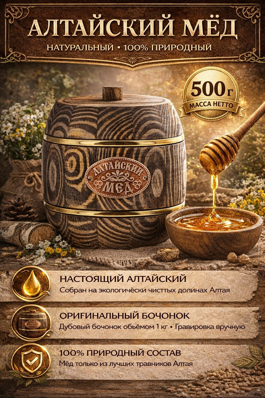Мед алтайский "Золото Алтая", натуральный цветочный ,500 г.