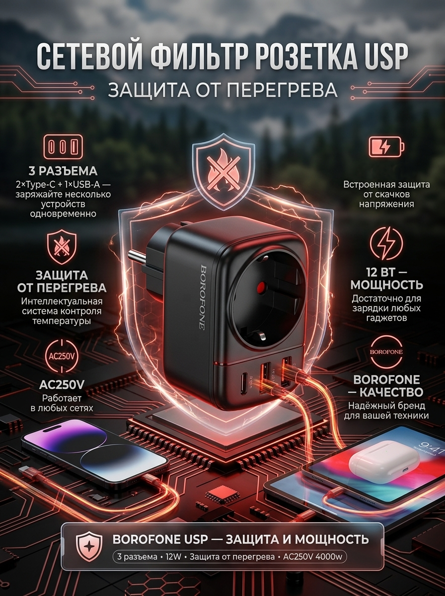 Сетевой фильтр Borofone BAC14, с быстрой зарядкой USB Power Delivery, чёрный