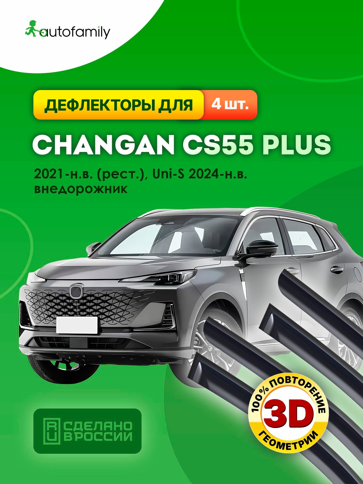 Дефлекторы окон для CHANGAN CS55 PLUS 2021-н. в. (рест.), Uni-S 2024-н. в. внедорожник 5 дв. REIN 4 шт. / Чанган КС55ПЛЮС