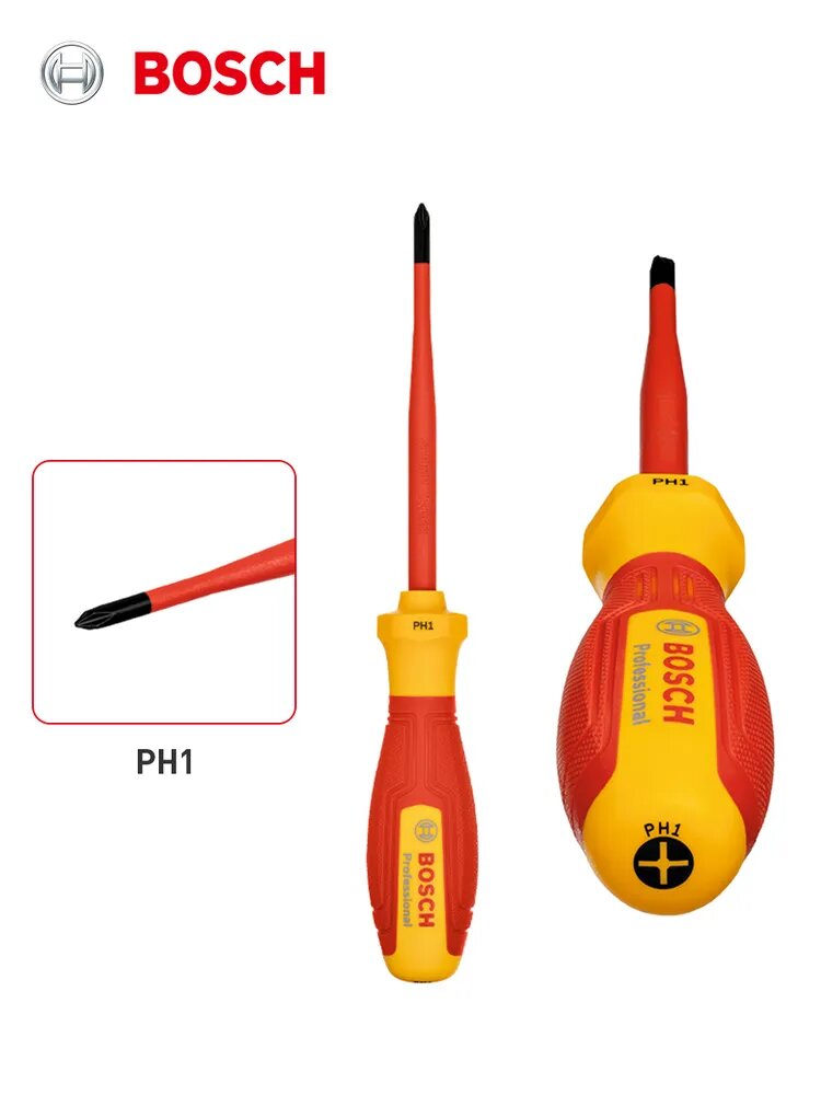 Отвёртки VDE Bosch 1000 В, S2, PH1, диэлектрические, нескользящая рукоятка, маркировка