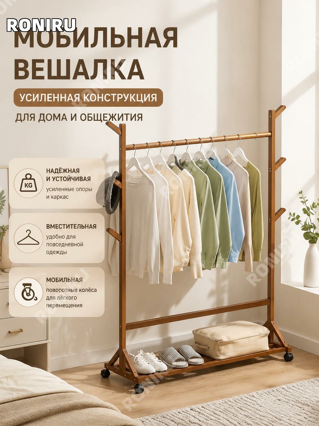 Напольная вешалка для одежды из бамбука, передвижная стойка в спальню общежитие и дом, усиленная утолщенная конструкция чайного цвета
