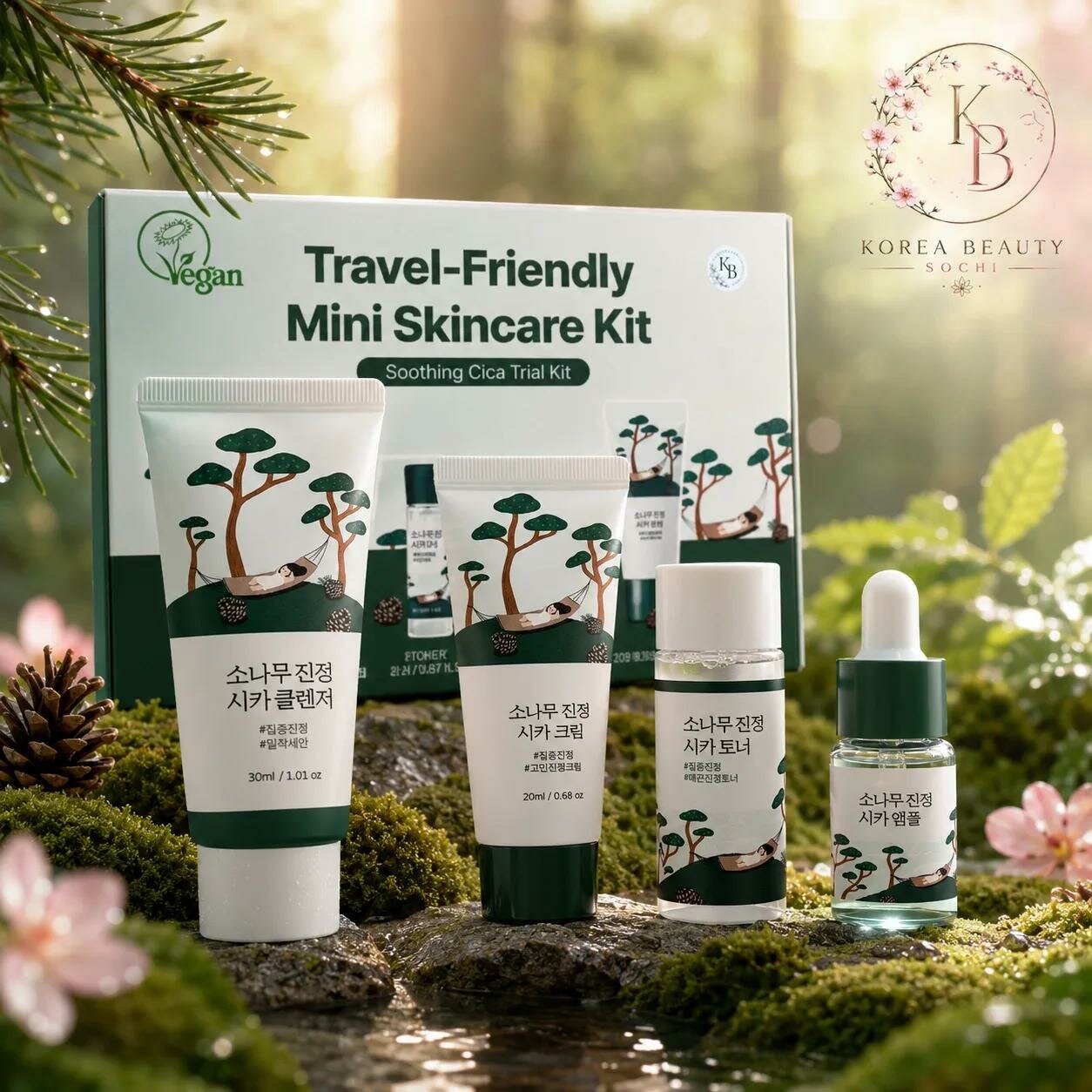 Противовоспалительный набор миниатюр с экстрактами сосны и центеллы Round Lab Pine Calming Cica Trial Kit