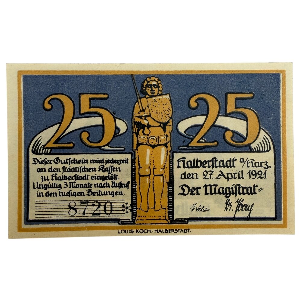 Германия, Хальберштадт 25 пфеннигов 1921 г. (Wat) (Цветная) (Чёрный серийный номер со звездой)
