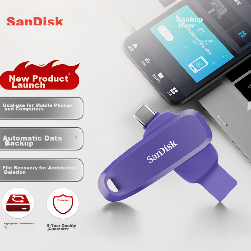 SanDisk 128GB Type-C USB3.2 Двухинтерфейсная флеш-накопитель DDC6 Пурпурный для мобильных устройств и компьютеров