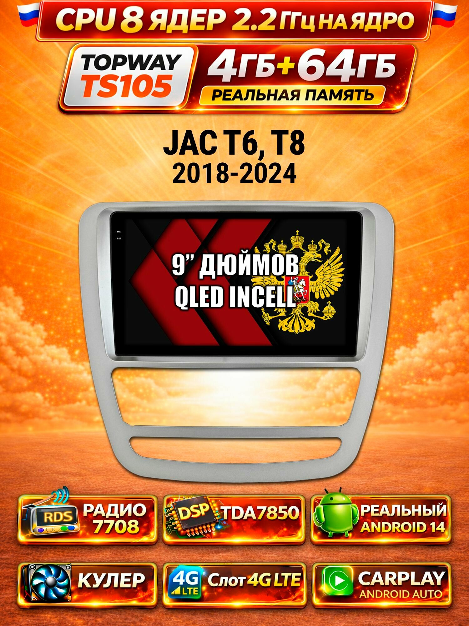Штатная Андроид магнитола для Jac T6 T8 (2018 2019 2020 2021 2022 2023 2024), TS105 8 ядер, 4/64гб, Qled Incell, DSP, 4G, CarPlay/Android Auto, Gps/Глонасс