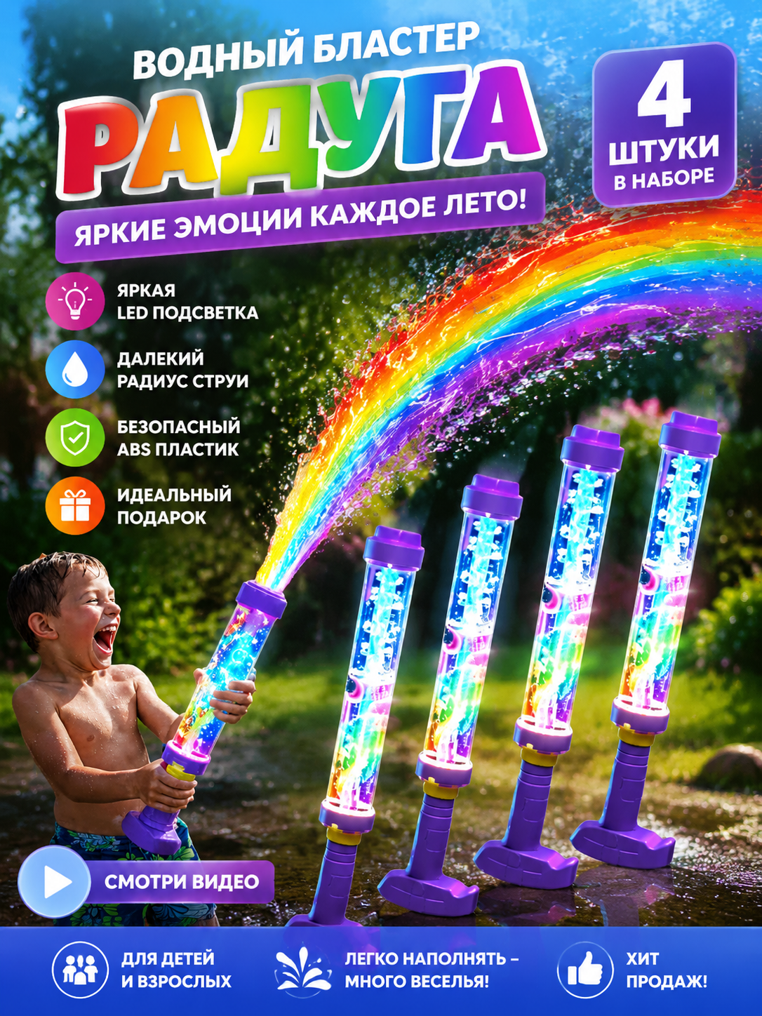 Светящийся водный пистолет с LED подсветкой 4 шт: радужная игрушка для бассейна и улицы, лето