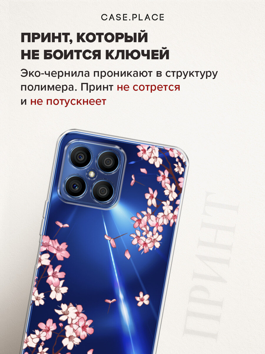 Чехол на Honor X8 / Хуавей X8 с принтом "Ветви сакуры 1", прозрачный — фото 1