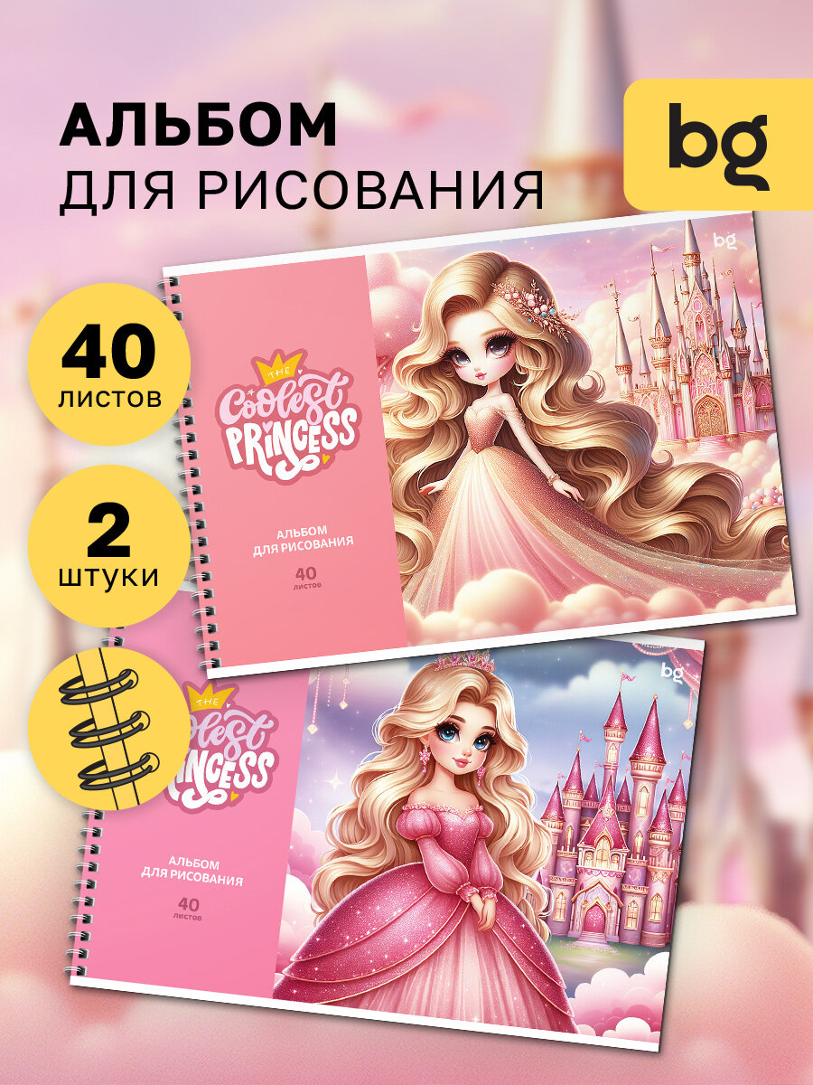 Альбом для рисования детский для девочек на пружине 40 л. 2 шт