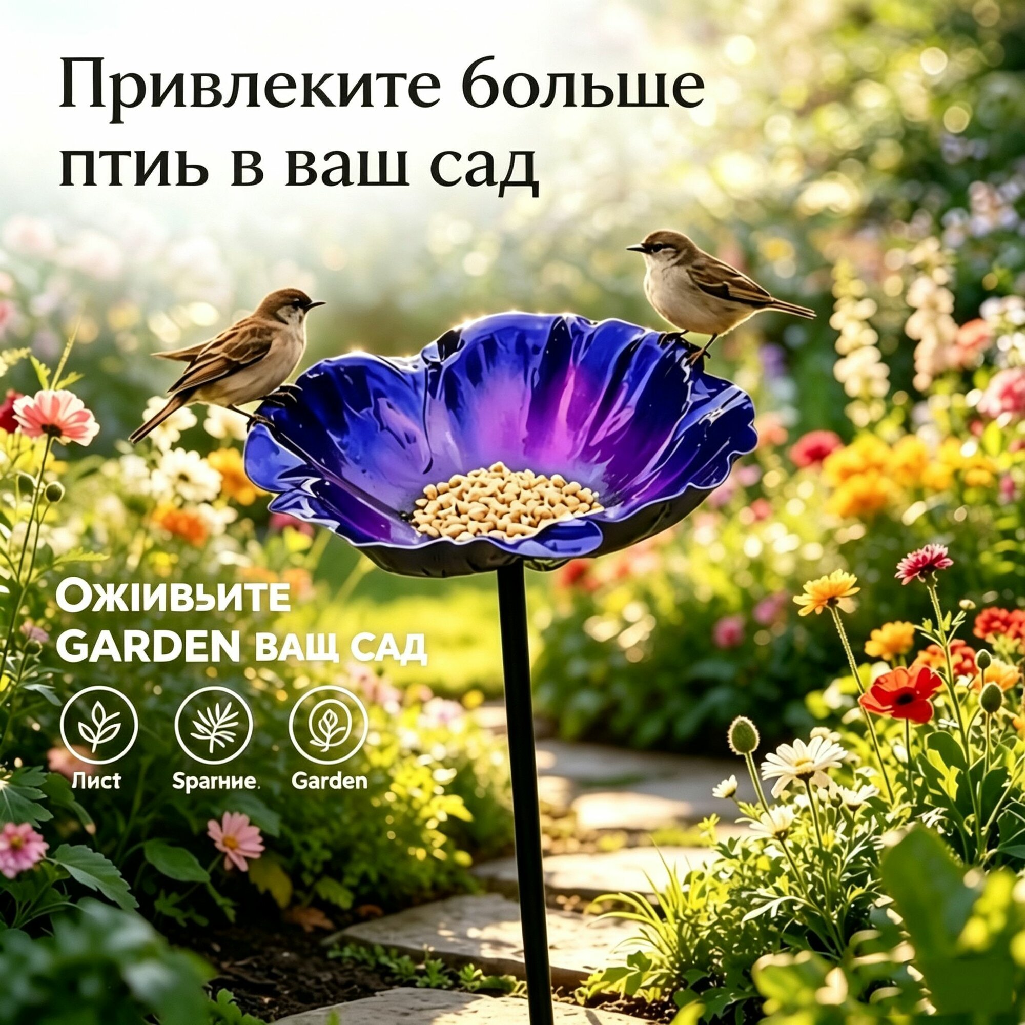 Кормушка для пчел и бабочек металлическая с цветочным узором 13х44 см, Декоративная подставка для сада