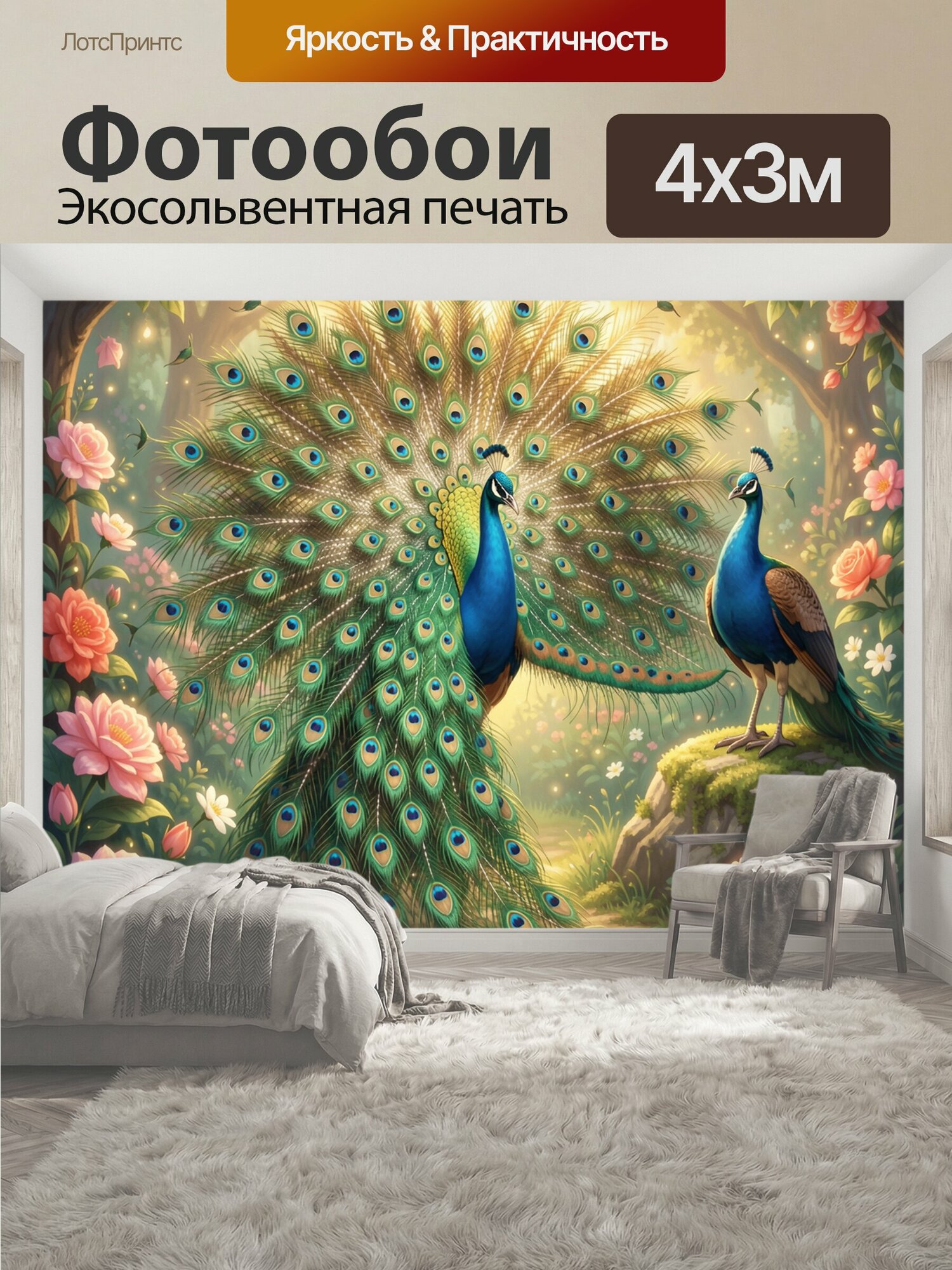 Фотообои "Павлины в цветущем саду. Сказочная иллюстрация с райскими птицами среди роз и лесных цветов, с раскрытым веером перьев, в золотистом." 400x300 см. экосольвентная печать