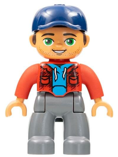 Минифигурка Lego 47394pb245 Duplo Figure Lego Ville, Male, Dark Bluish Gray Legs, Red Jacket, Medium Azure Shirt, Dark Blue Cap
