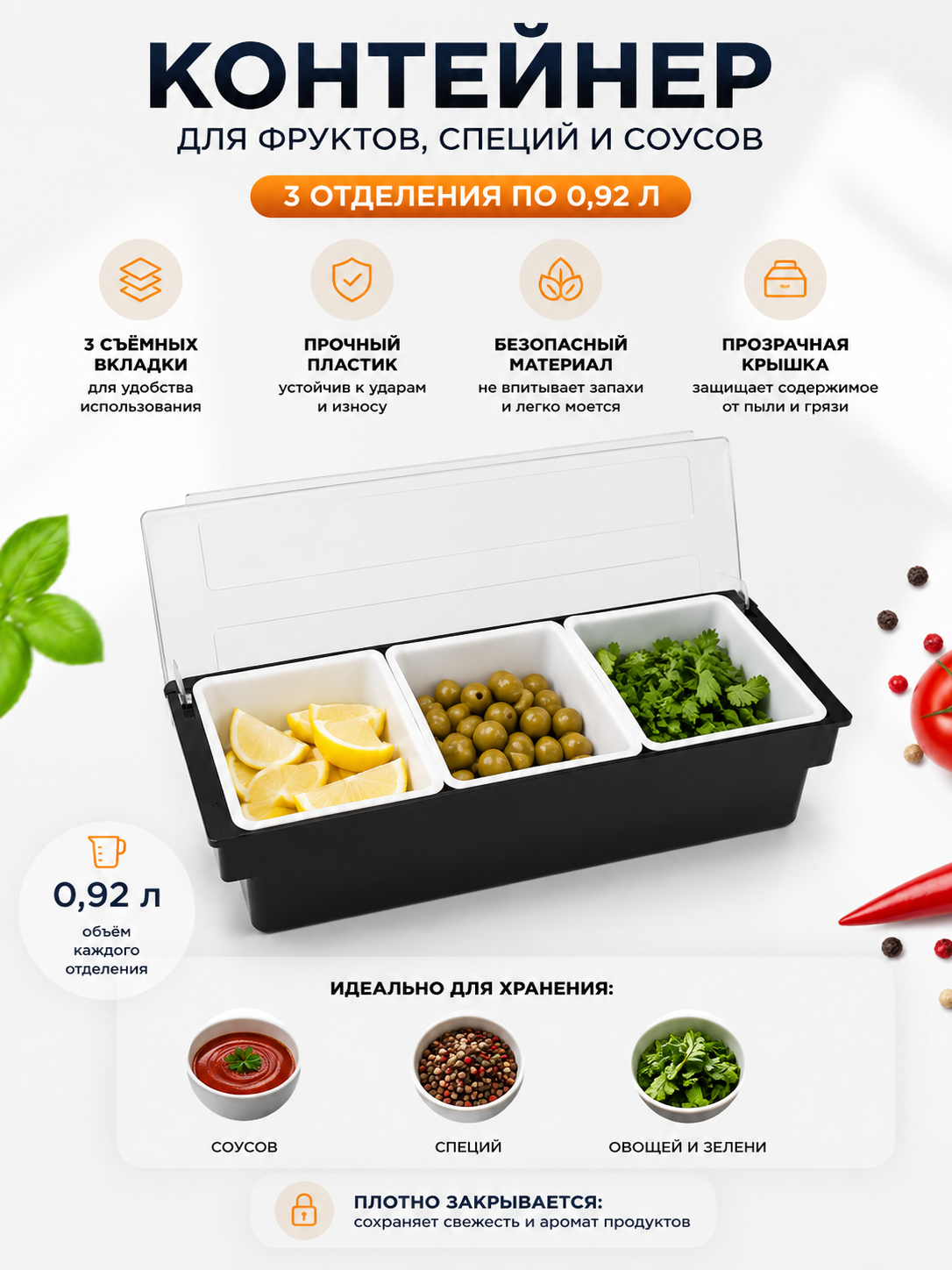Контейнер для фруктов, специй и соусов 3 отд. по 0,92 л. черный, пластик. MGprof
