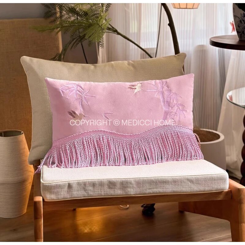 Medicci Home розовая наволочка с бамбуковой птицей и бахромой
