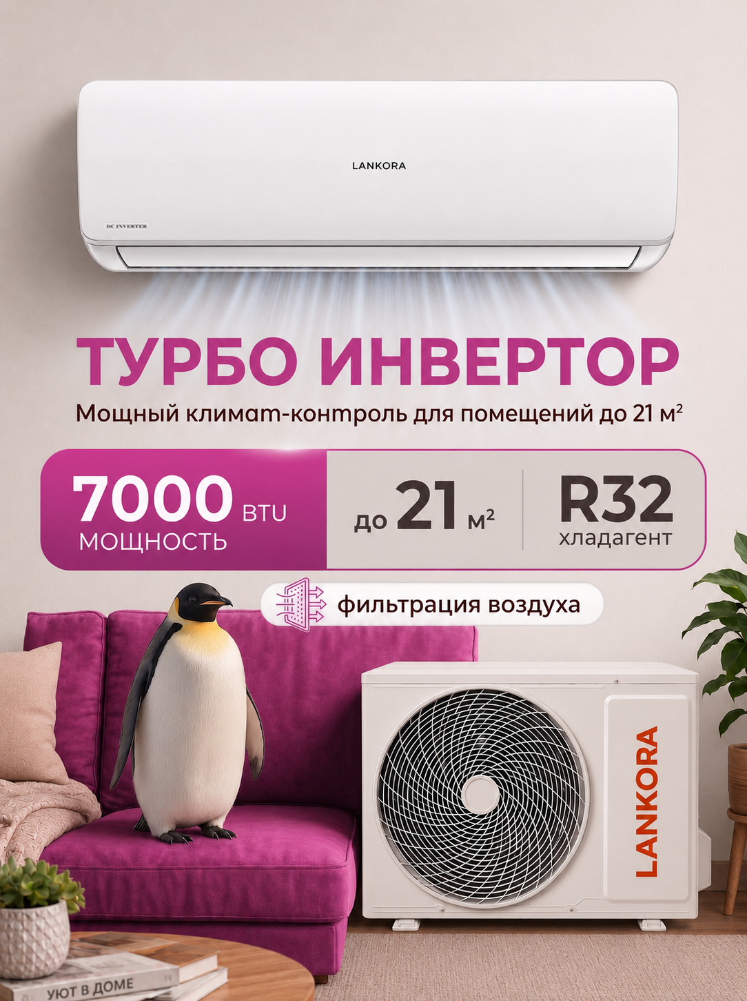 Сплит система Lankora LAI-07 Diamond, мощность 7000 BTU, с Wi-Fi, А++ класс, инверторный кондиционер на 20 м², белый
