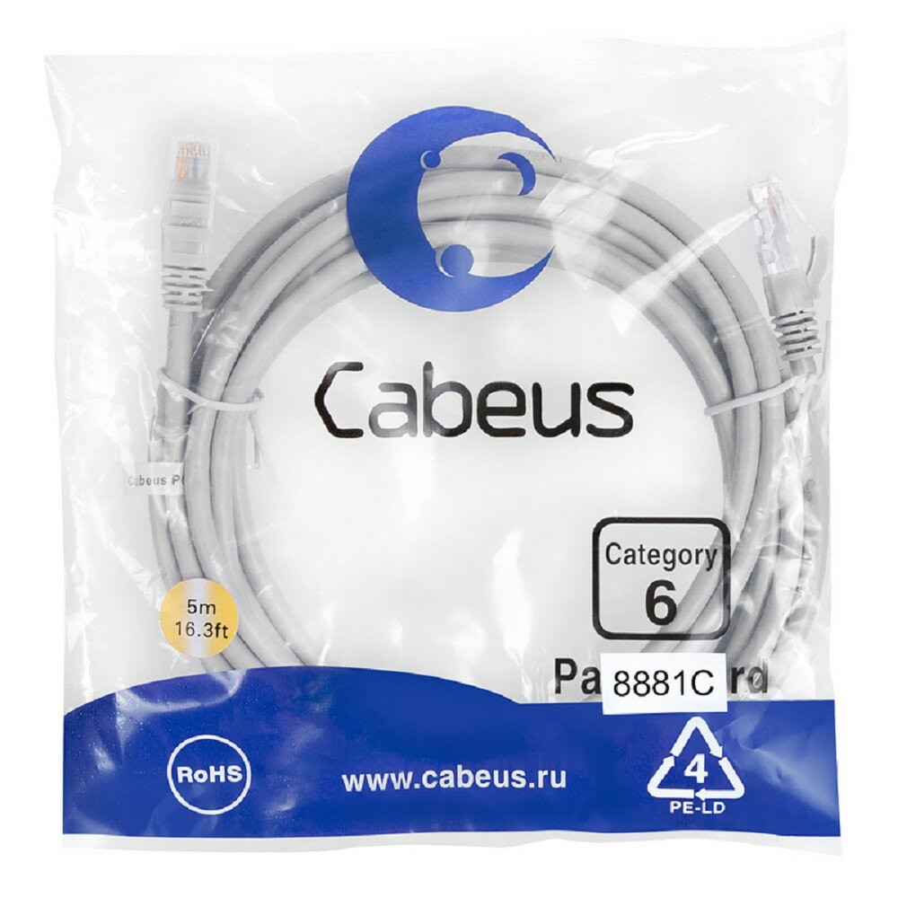 Патч-корд интернет кабель Cabeus PC-UTP-RJ45-CAT.6-5M-LSZH U/ UTP cat.6 5 м Серый