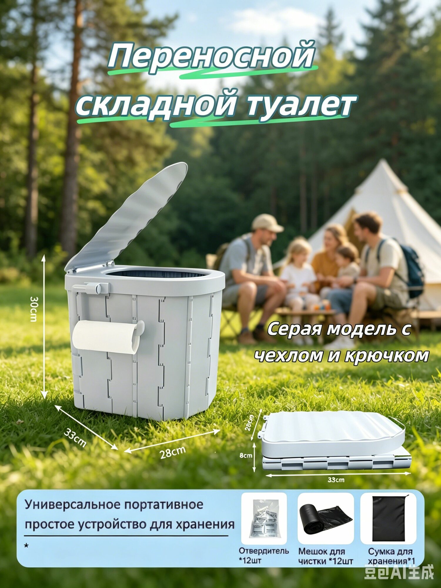 Складной портативный биотуалет для авто кемпинга серый, выдерживает до 150 кг, в комплекте пакеты и гелеобразователь