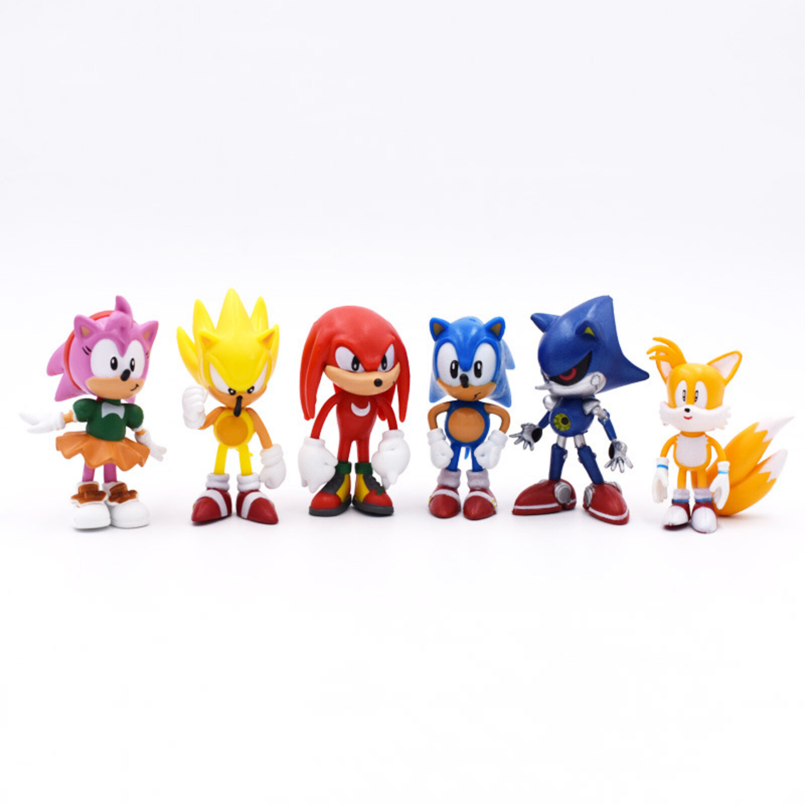 Sonic 12-piece PVC cartoon model cake decoration set, 1st generation, 6 character figures, 6-7cm high, 107g, Pink Amy Rose, Yellow Twin Tails, Classic Blue Sonic, Red Knuckles, Metallic Blue Metal Sonic, Super Yellow Super Sonic for birthday baking cake