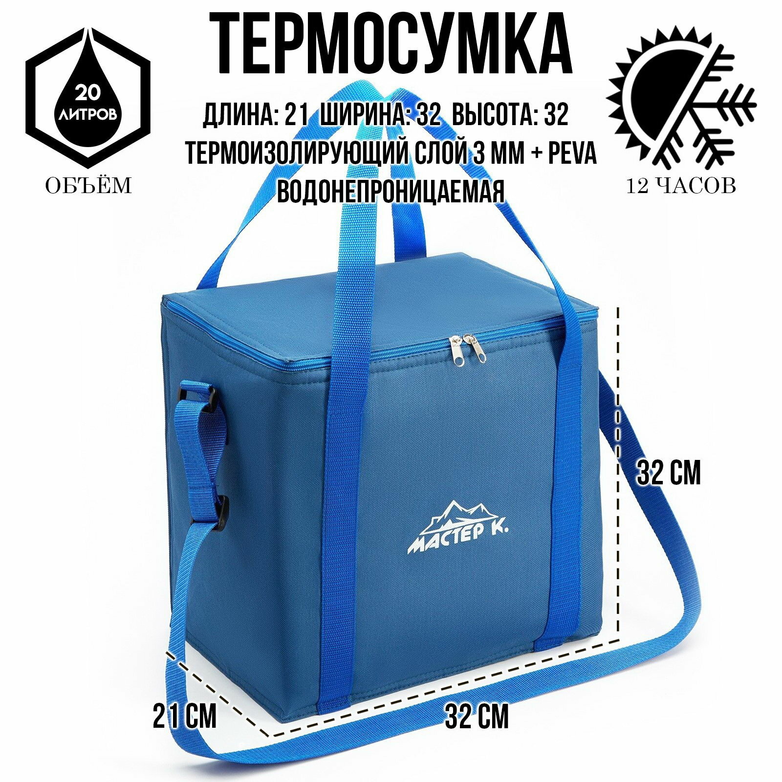 Термосумка на молнии синяя, цвет: синий, вид застёжки: молния