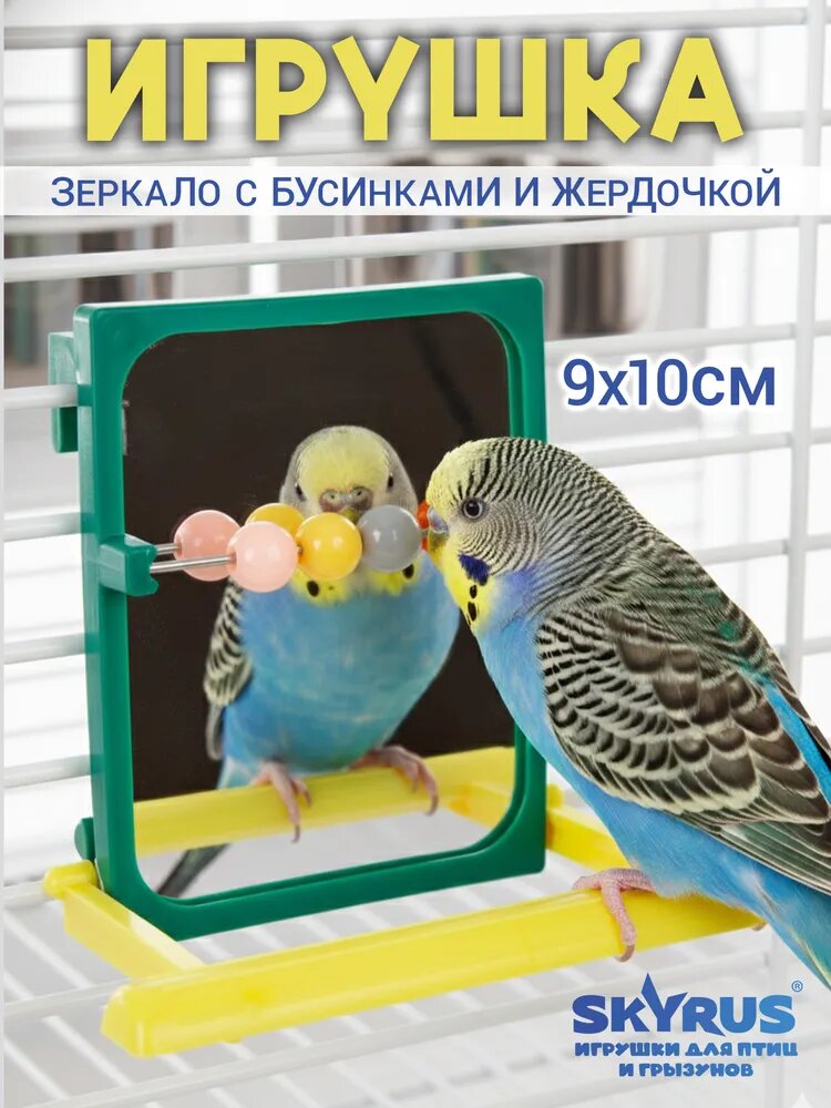 Игрушка для птиц SkyRus "Зеркало с бусинками и жердочкой", зелено-желтое, 7х10х9см