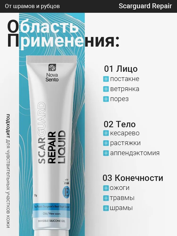 Гель от шрамов и рубцов Scarguard Repair Liquid / Крем от шрамов, от постакне, от ожогов, крем от растяжек, силиконовый гель / 22 г