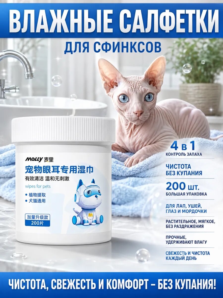 Салфетки для кошек сфинкс для глаз и ушей