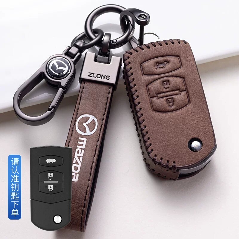 Кожаный чехол для ключа Mazda - складной дизайн с тремя кнопками, коричневый цвет, прочный и стильный (за штуку)