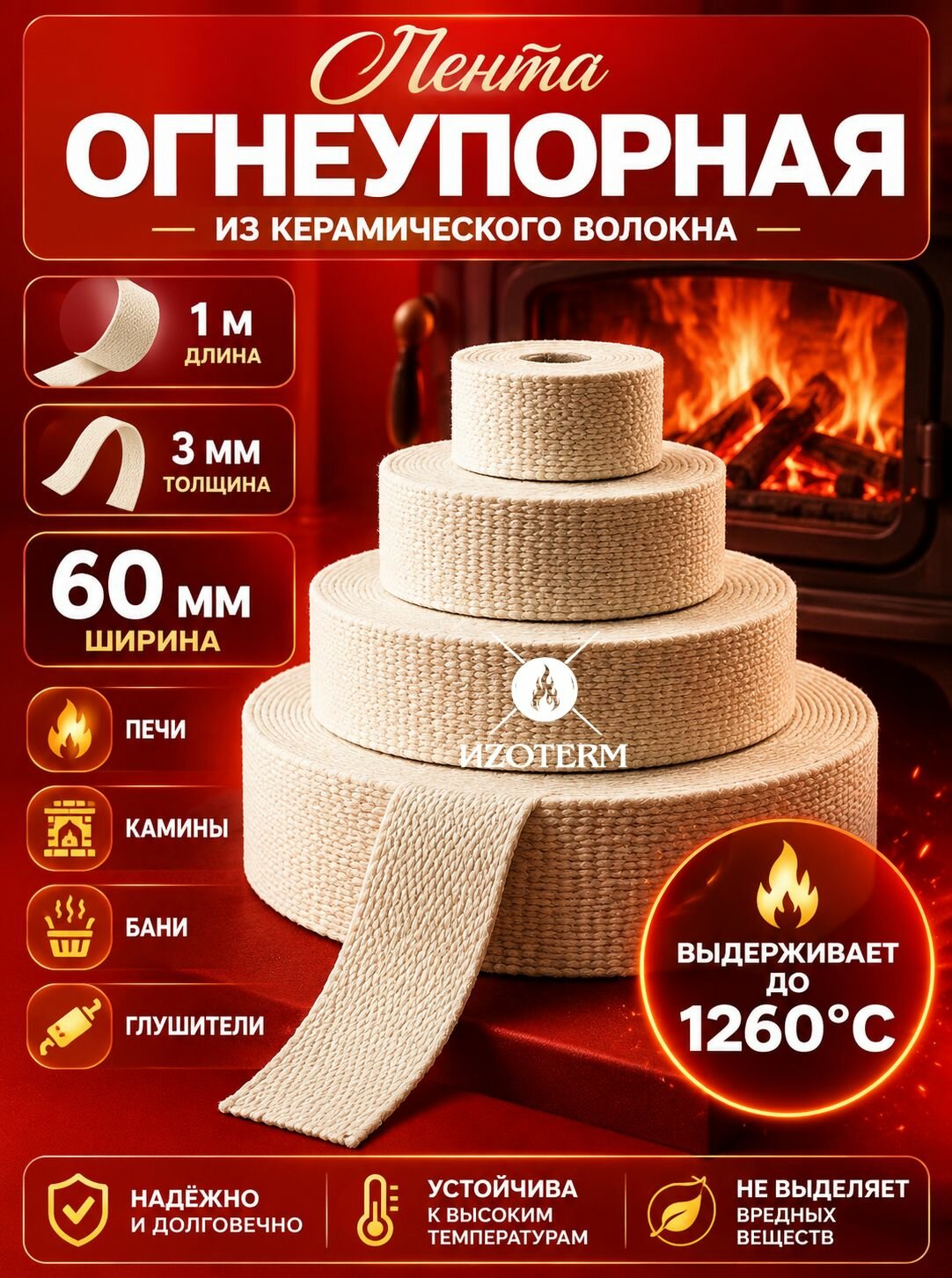 Огнеупорная керамическая лента, толщина 3х60мм, длина 1 м, для теплоизоляции и защиты от высоких температур термостойкая лента жаростойкая лента высокотемпературная лента