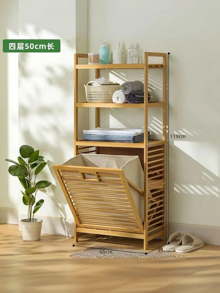 Стеллаж для ванной комнаты из бамбука, 50х30х119 см, 3 полки, с корзиной