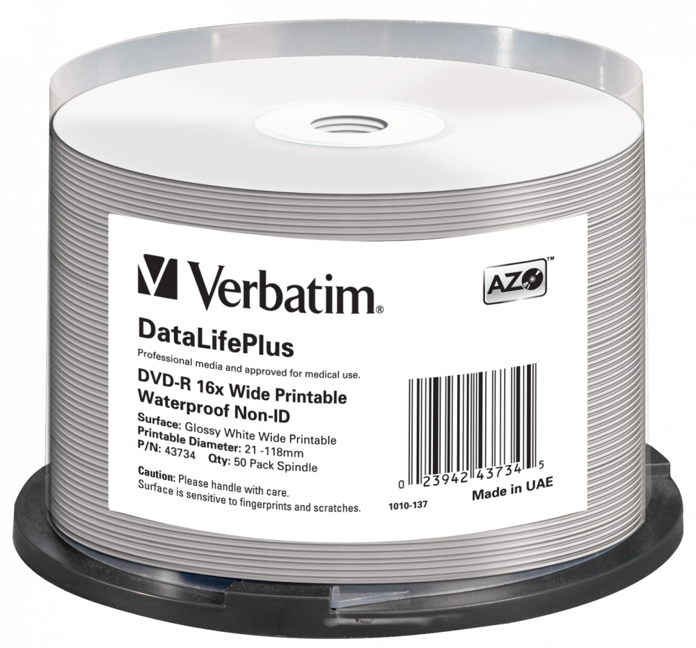 Диск оптический Verbatim DVD-R 16x 4,7GB DataLifePlus AZO Wide Printable WP non-ID, Cake Box, 50 шт